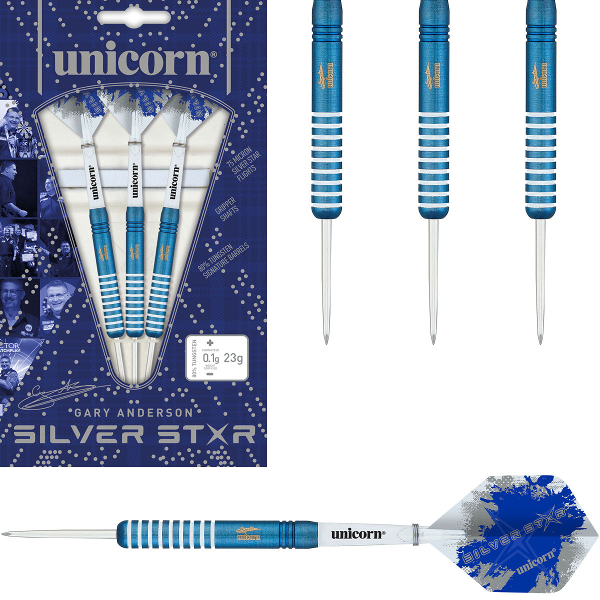 Gary Anderson Silver Star Blue 80% Tungsten Steel Tip Darts by Unicorn ...