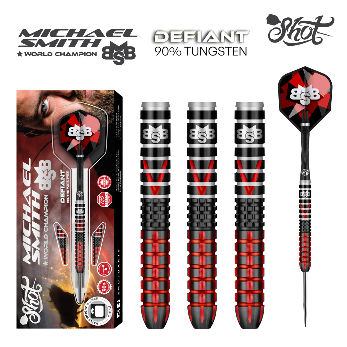 Michael Smith Defiant 90% Tungsten Steel Tip Darts by Shot– Rebel Darts